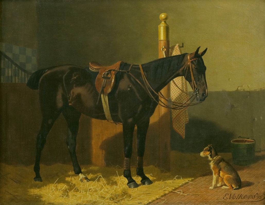 Volkers, Emil (1831 Birkenfeld - 1905 Düsseldorf) Gesatteltes Pferd und ...